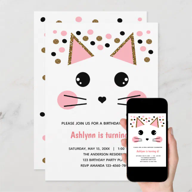 Pink Black Gold Glitter Cat Birthday Invitation | Zazzle