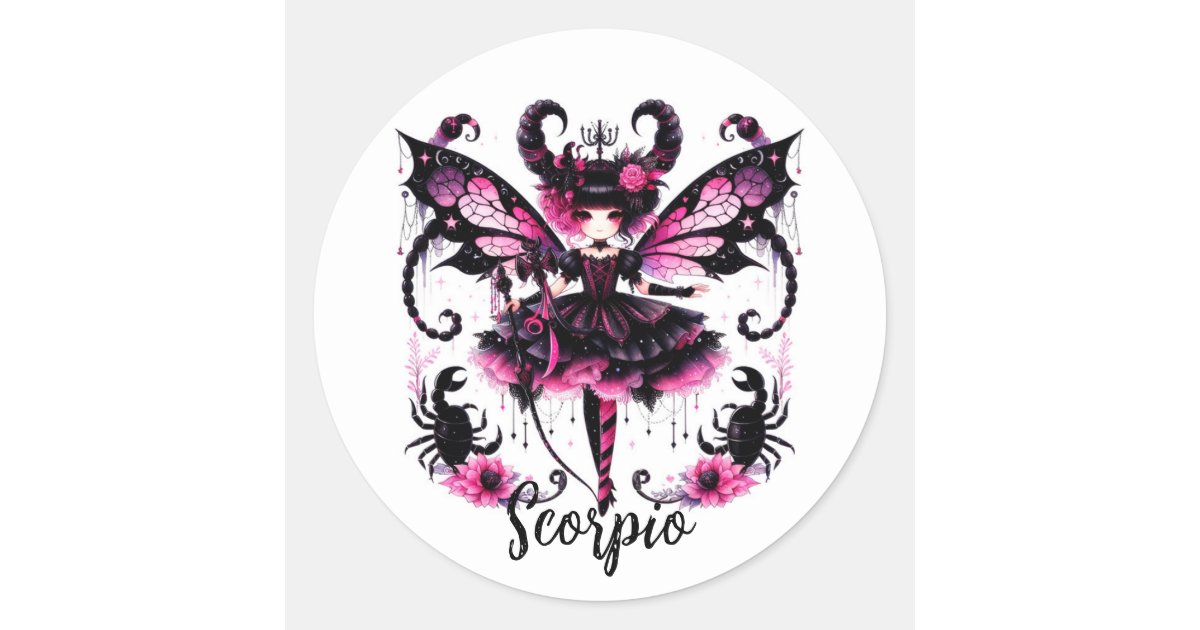 Pink Black Gothic Fairy Scorpio Astrology Zodiac Classic Round Sticker ...