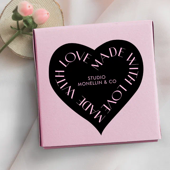 Pink & Black Handmade With Love Packaging Heart Sticker | Zazzle