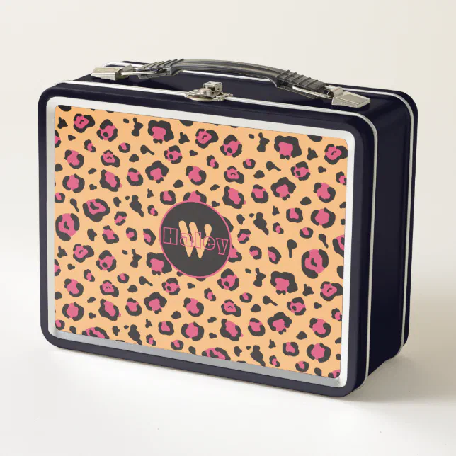 Pink Black Leopard Print Monogram Metal Lunch Box | Zazzle