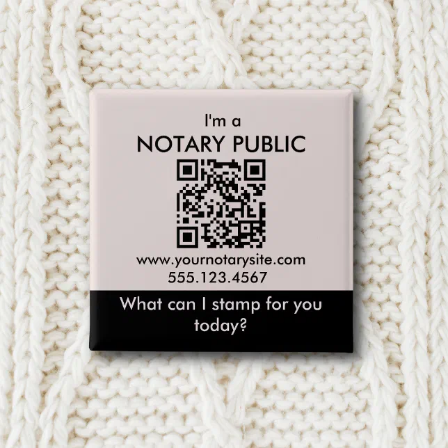 Pink Black Notary Public Logo Add QR Code Custom Button | Zazzle