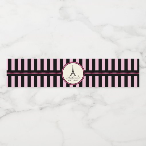 Pink & Black Paris Birthday Party Water Bottle Label | Zazzle