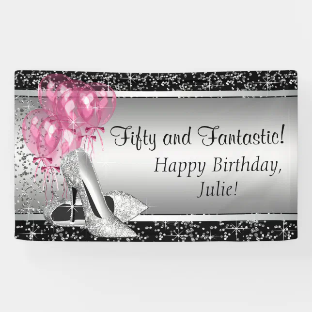 Pink Black Silver High Heel Shoe Birthday Party Banner | Zazzle