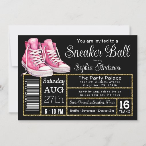 Pink Black Sneaker Ball Birthday Party Shoe Label Invitation | Zazzle