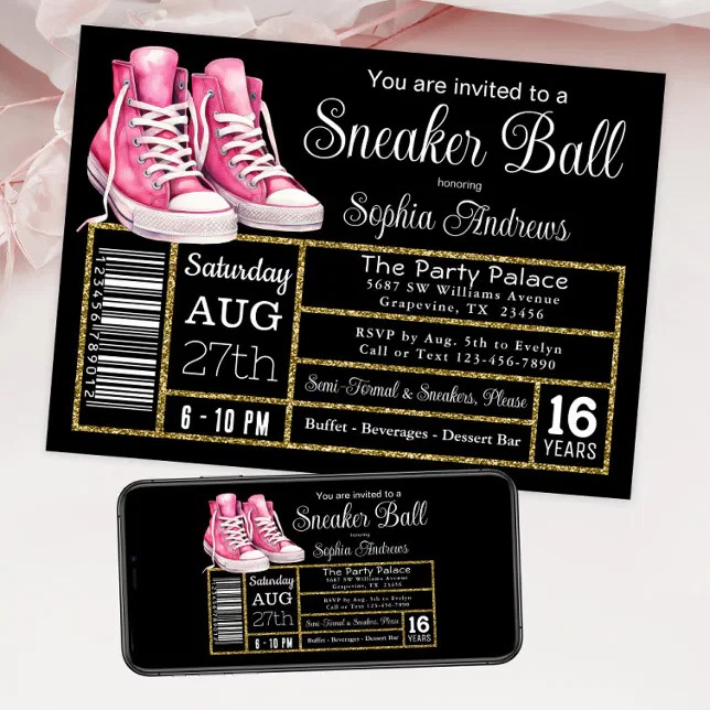 Pink Black Sneaker Ball Birthday Party Shoe Label Invitation | Zazzle