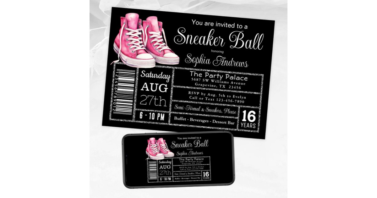 Pink Black Sneaker Ball Birthday Party Shoe Label Invitation | Zazzle