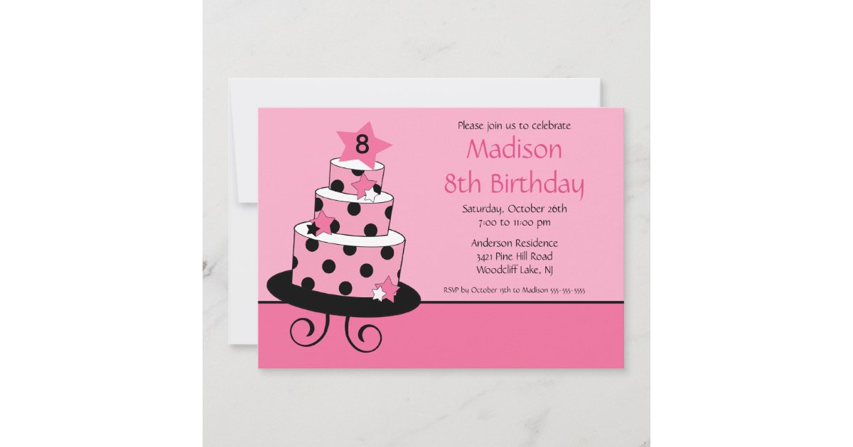 Pink & Black Star Cake Birthday Invitation | Zazzle