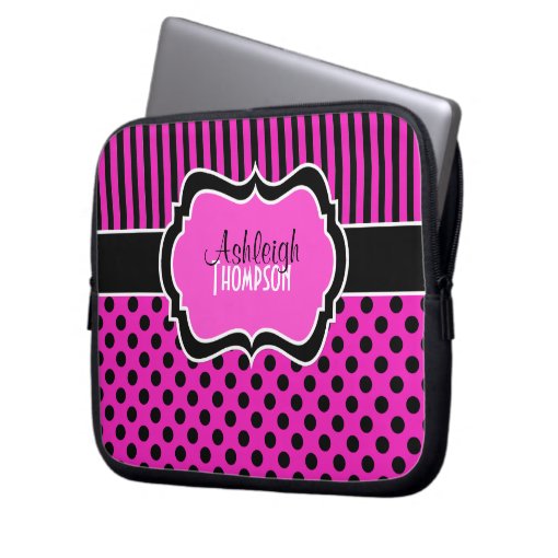 Pink, Black, White, Polka Dot Stripe Laptop Sleeve | Zazzle