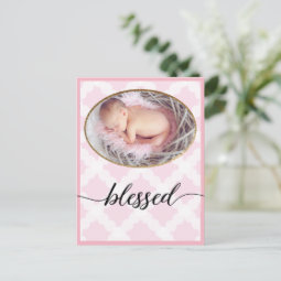 Pink Blessed Script Baby Girl Baptism Photo Postcard | Zazzle