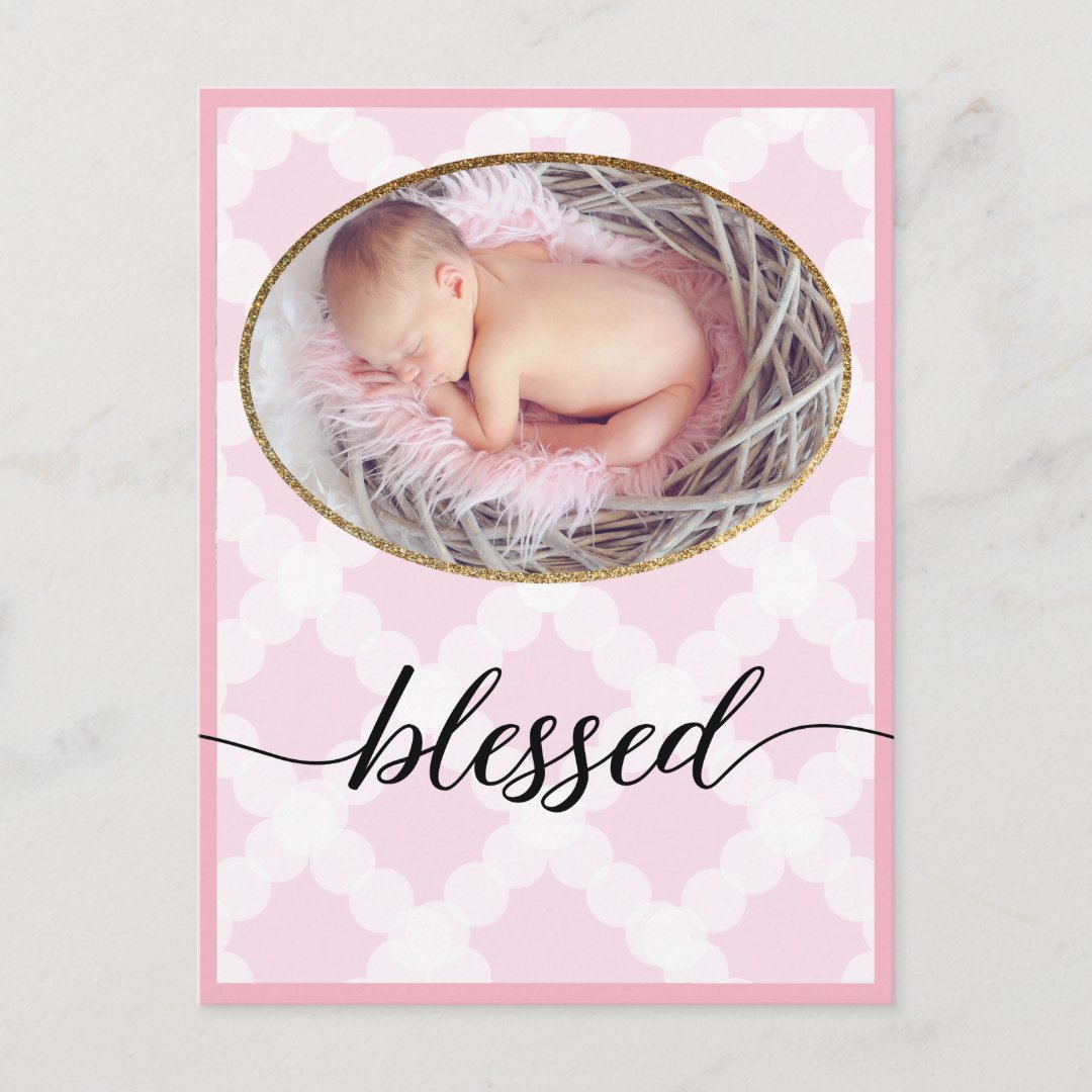 Pink Blessed Script Baby Girl Baptism Photo Postcard | Zazzle