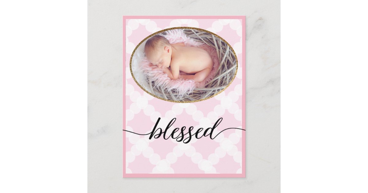 Pink Blessed Script Baby Girl Baptism Photo Postcard | Zazzle