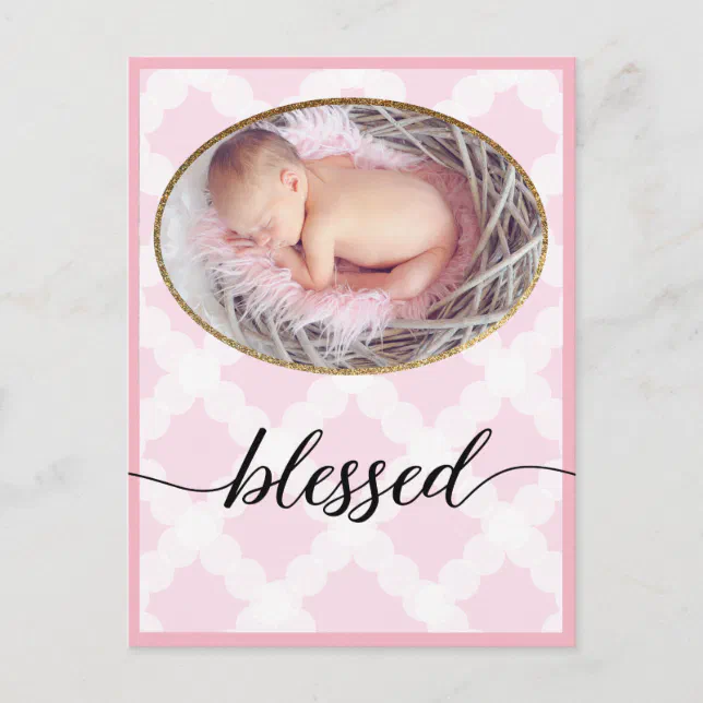 Pink Blessed Script Baby Girl Baptism Photo Postcard | Zazzle