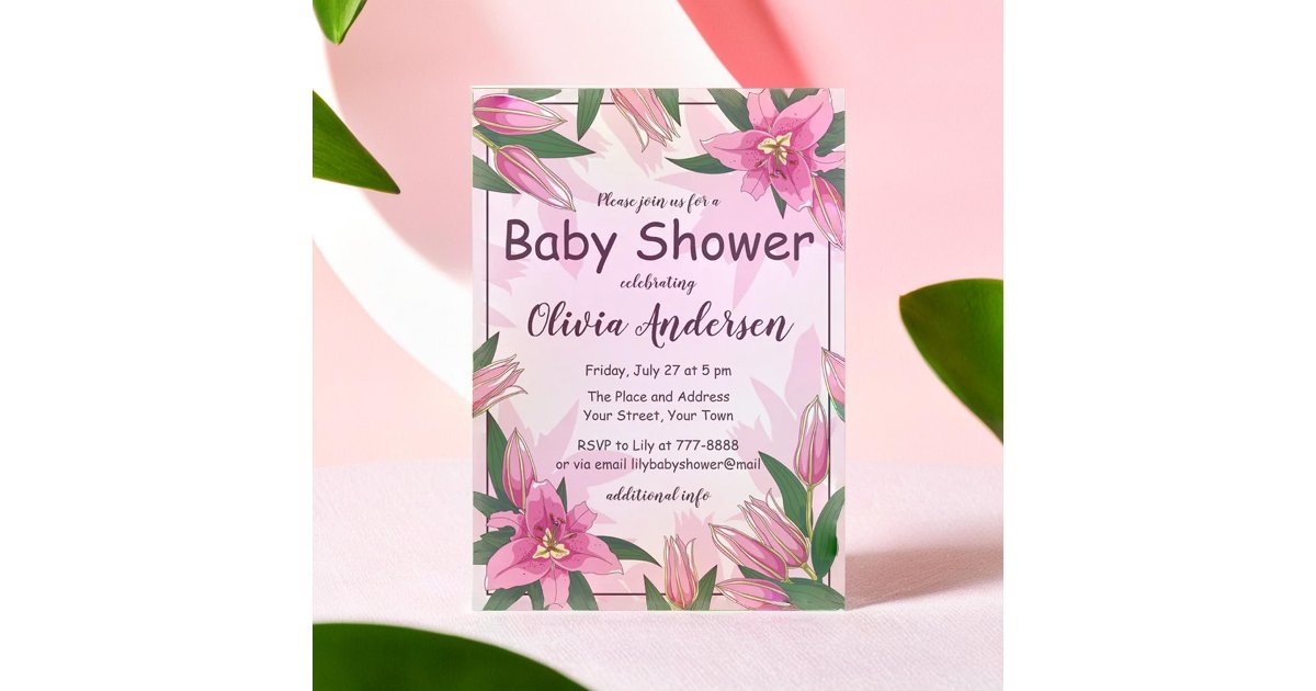 Pink Blooming Lilies Baby Shower Invitation | Zazzle