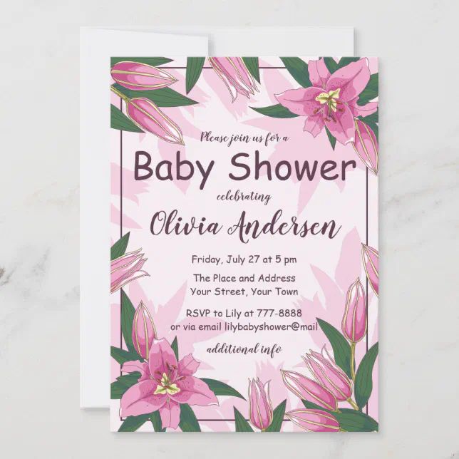 Pink Blooming Lilies Baby Shower Invitation | Zazzle