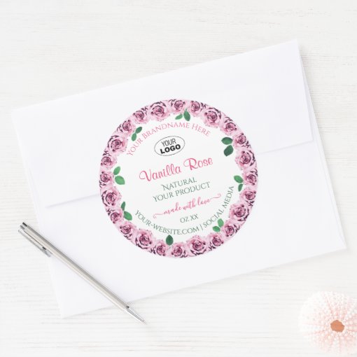 Pink Blooming Roses White Product Labels with Logo | Zazzle
