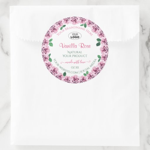 Pink Blooming Roses White Product Labels with Logo | Zazzle