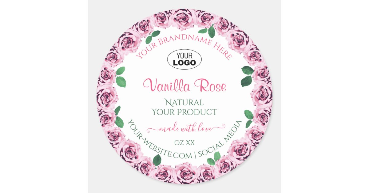 Pink Blooming Roses White Product Labels with Logo | Zazzle