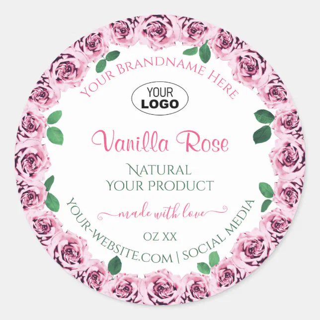 Pink Blooming Roses White Product Labels with Logo | Zazzle