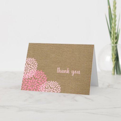 Pink blooms and burlap thank you note card | Zazzle