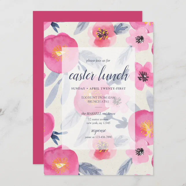 Pink Blooms Watercolor Florals Easter Lunch Invitation | Zazzle