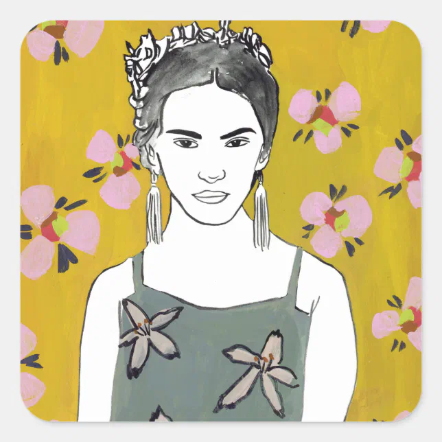 Pink Blossom Lady - Yellow Square Sticker | Zazzle