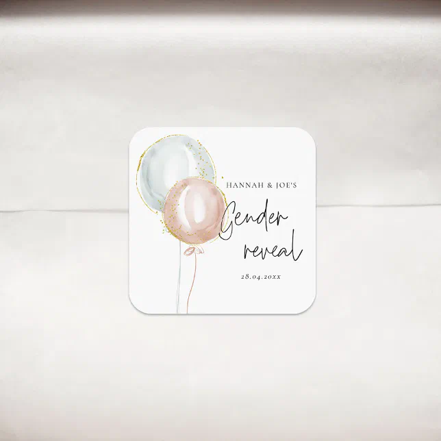 Pink & Blue Balloon Gender Reveal Favor Party Square Sticker | Zazzle