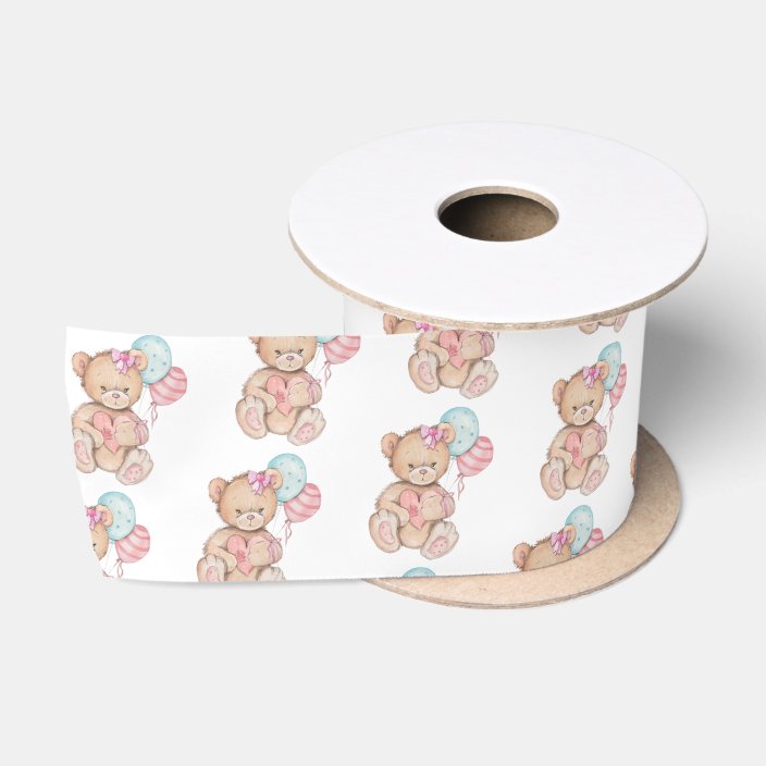 Pink & Blue Balloons & Teddy Bear Baby Girl Satin Ribbon | Zazzle.com