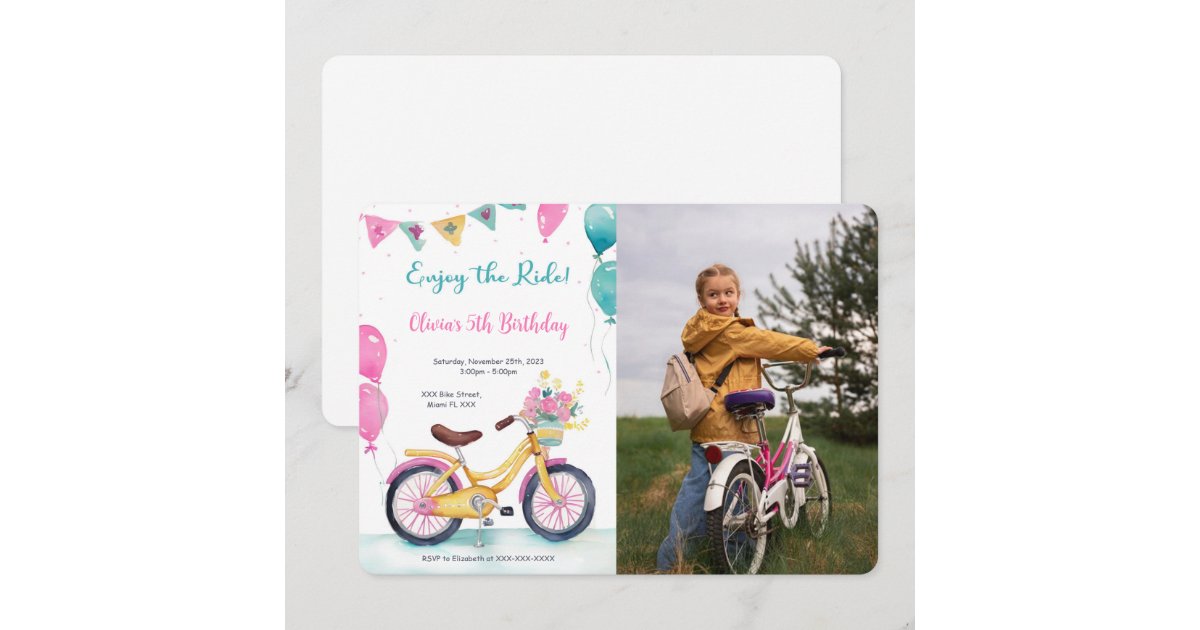 Pink & Blue Bike Birthday Party Photo Invitation | Zazzle