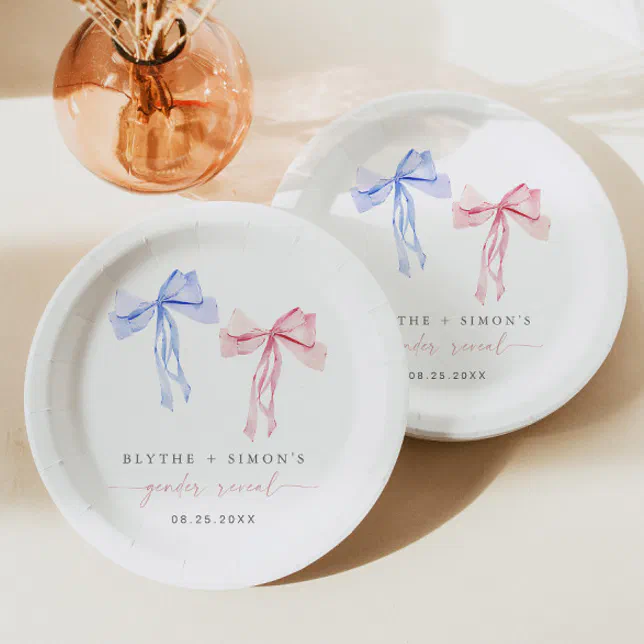 Pink Blue Bow Gender Reveal Paper Plate Coquette | Zazzle
