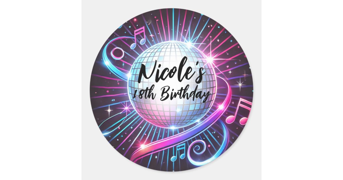 Pink & Blue Disco Ball Music Dace Birthday Party Classic Round Sticker ...