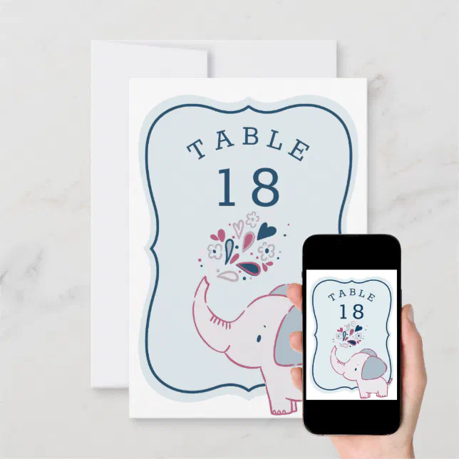 Pink & Blue Elephant Baby Shower Table Number Card | Zazzle