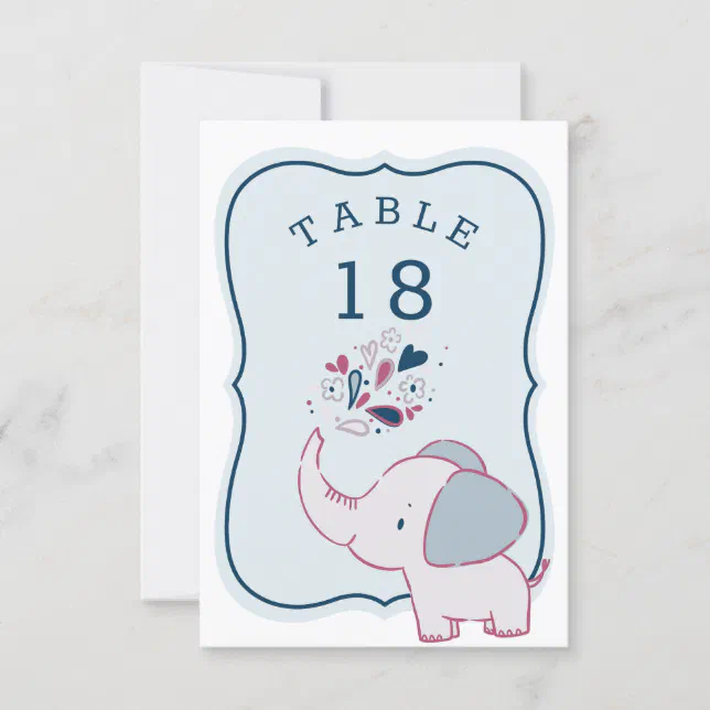 Pink & Blue Elephant Baby Shower Table Number Card | Zazzle