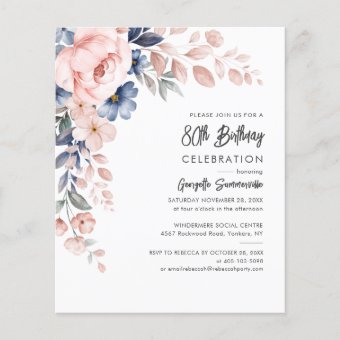 Pink Blue Floral 80th Birthday Party Invitation | Zazzle