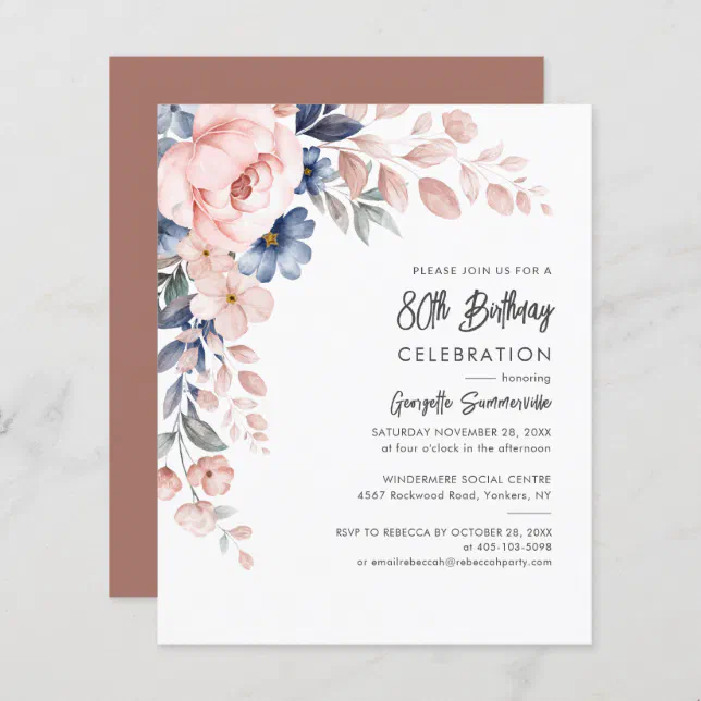 Pink Blue Floral 80th Birthday Party Invitation Zazzle