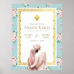 Pink Blue Floral Anand Karaj Wedding Welcome Sign | Zazzle