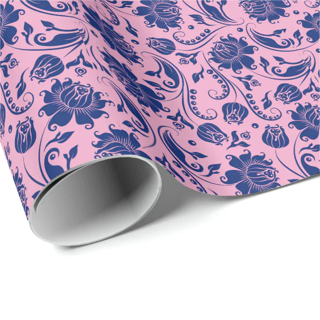 Pink & Blue Floral Damasks Pattern Wrapping Paper | Zazzle