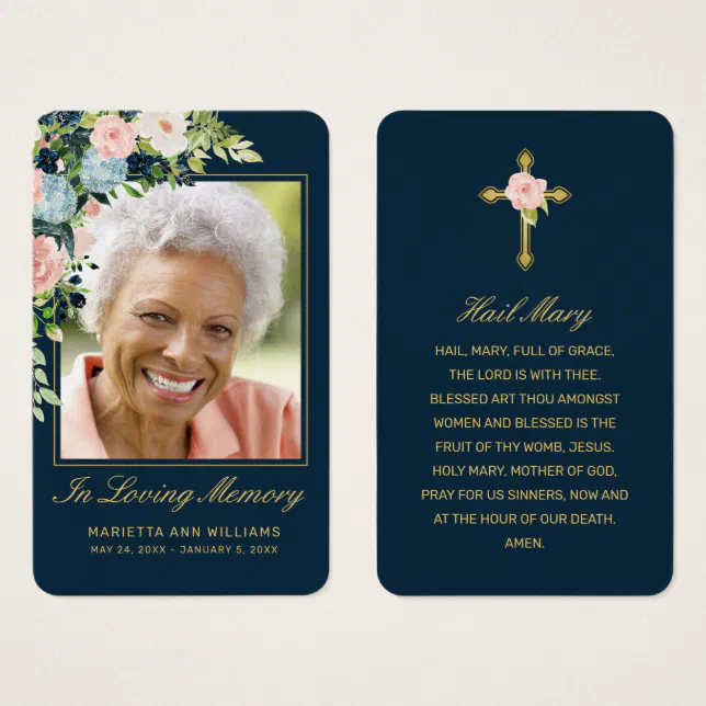 Pink Blue Floral Gold Script Photo Prayer Card | Zazzle