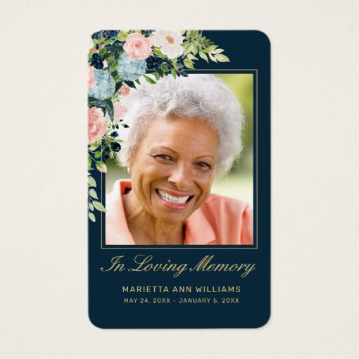 Pink Blue Floral Gold Script Photo Prayer Card | Zazzle