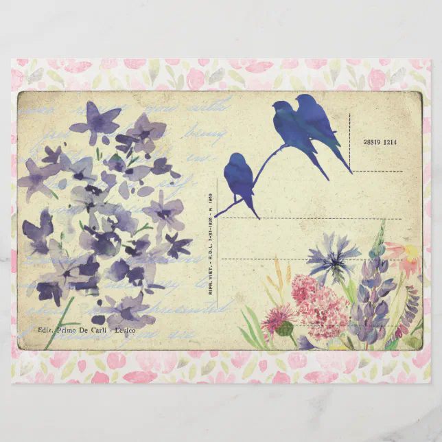 Pink & Blue Floral Postcard Scrapbook Paper | Zazzle