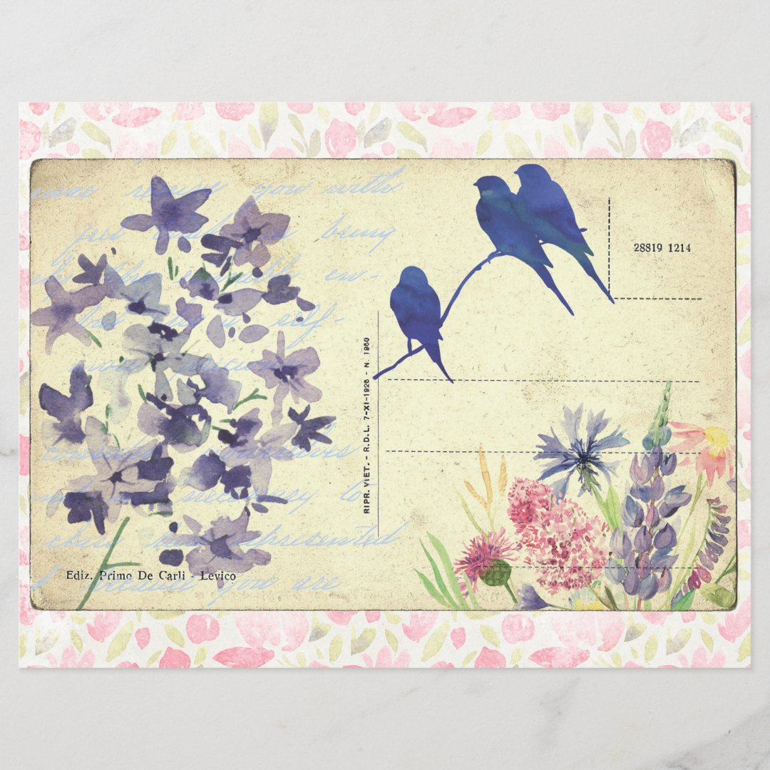 Pink & Blue Floral Postcard Scrapbook Paper | Zazzle