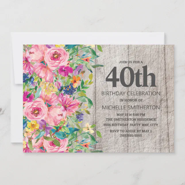 Pink Blue Floral Rustic Wood 40th Birthday Party Invitation | Zazzle