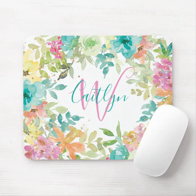 Pink Blue Floral Watercolor Glitter Monogram Mouse Pad | Zazzle