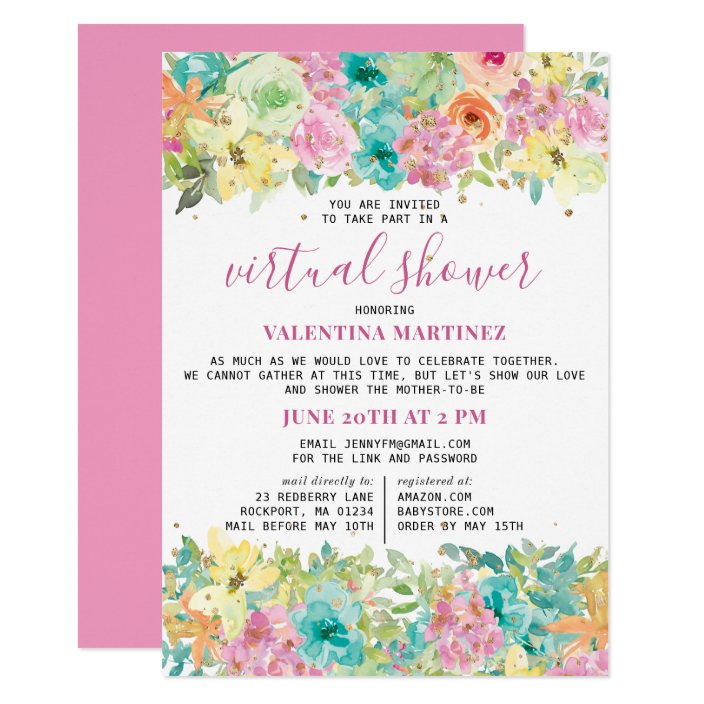 Pink Blue Floral Watercolor Glitter Virtual Shower Invitation | Zazzle.com