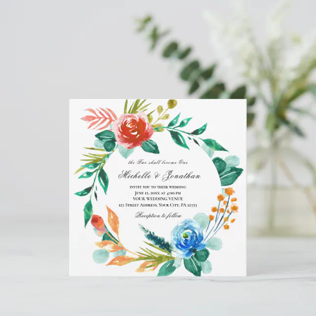 Pink Blue Floral Wreath Christian Bible Wedding Invitation | Zazzle