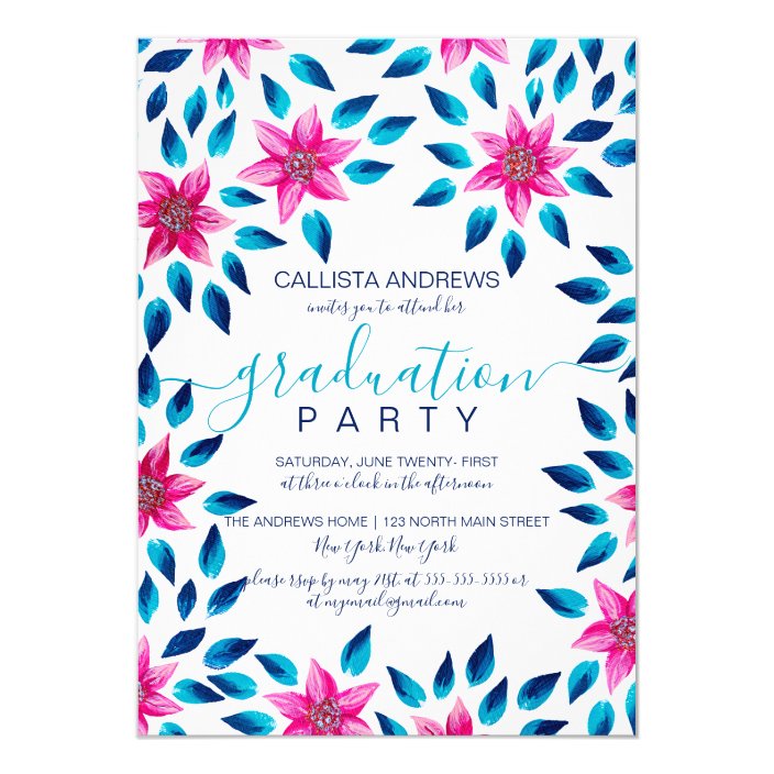 Pink Blue Flowers Leaf Acrylic Paint Graduation Invitation | Zazzle.com