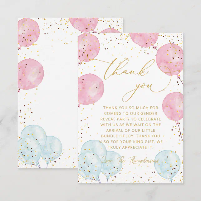 Pink Blue Gender Reveal Thank You Note Card | Zazzle