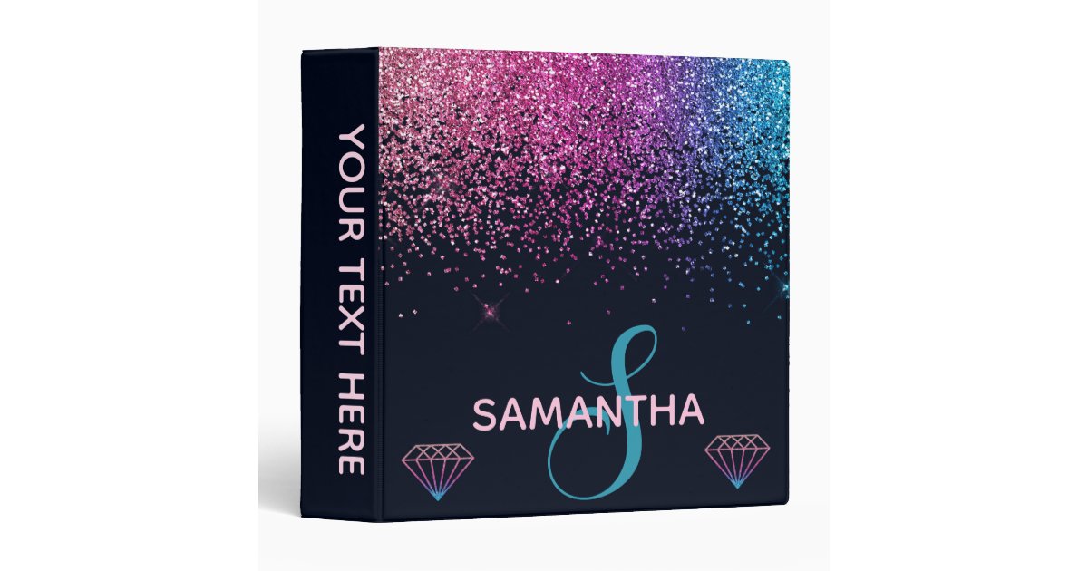 Pink & Blue Glitter & Diamonds Monogram 3 Ring Binder | Zazzle
