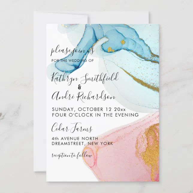 Pink Blue Gold Watercolor Wedding Invitation | Zazzle