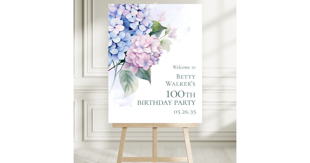 Pink Blue Hydrangeas 100th Birthday Party Welcome Foam Board | Zazzle