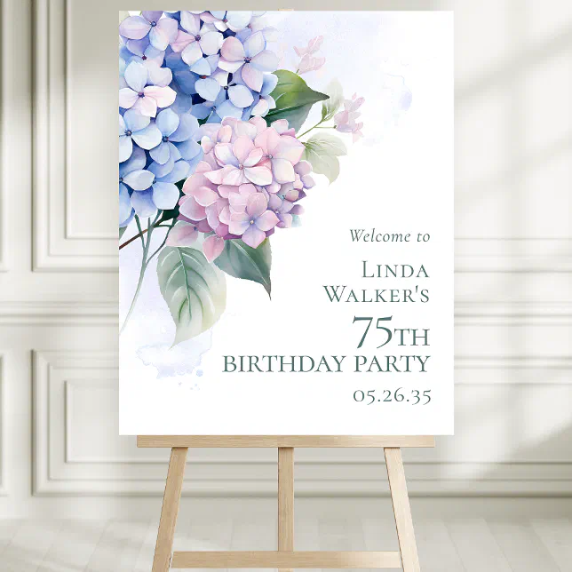 Pink Blue Hydrangeas 75th Birthday Party Welcome Foam Board | Zazzle